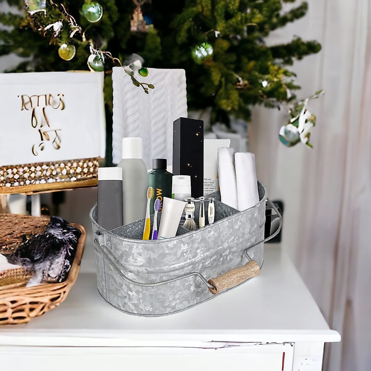 Alpha Living Home Utensil Caddy, Silverware Caddy Party, Silverware Caddy, Picnic Caddy, Flatware Caddy, Paper Plate Caddy, Galvanized Utensil Caddy, Utensil Caddy for Countertop 13.5 inch- Natural