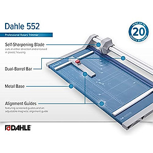 Dahle 552 Professional Rotary Trimmer, 20" Cut Length, 20 Sheet Capacity, Self-Sharpening, Dual Guide Bar, Automatic Clamp, German Engineered Paper Cutter
