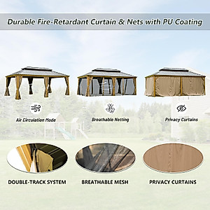 12’ x 20’ Hardtop Gazebo Outdoor Aluminum Wood Grain Gazebos with Galvanized Steel Double Canopy for Patios Deck Backyard,Curtains&Netting by domi outdoor living