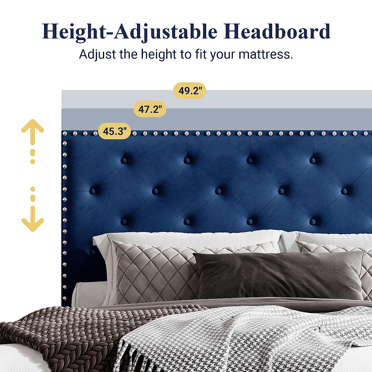 Allewie King Bed Frame, Velvet Upholstered Platform Bed with Adjustable Diamond Button Tufted & Nailhead Trim Headboard, Wood Slat Support, Easy Assembly, No Box Spring Needed, Navy Blue