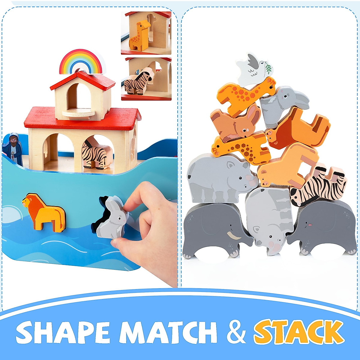 JUSTWOOD Wooden Noah's Ark Toy Animal Play Set, Bible Story Toys Baptism Gift for Boys and Girls, Baby Shape Sorter Toy, Comply with 2025 New ASTM F963-23