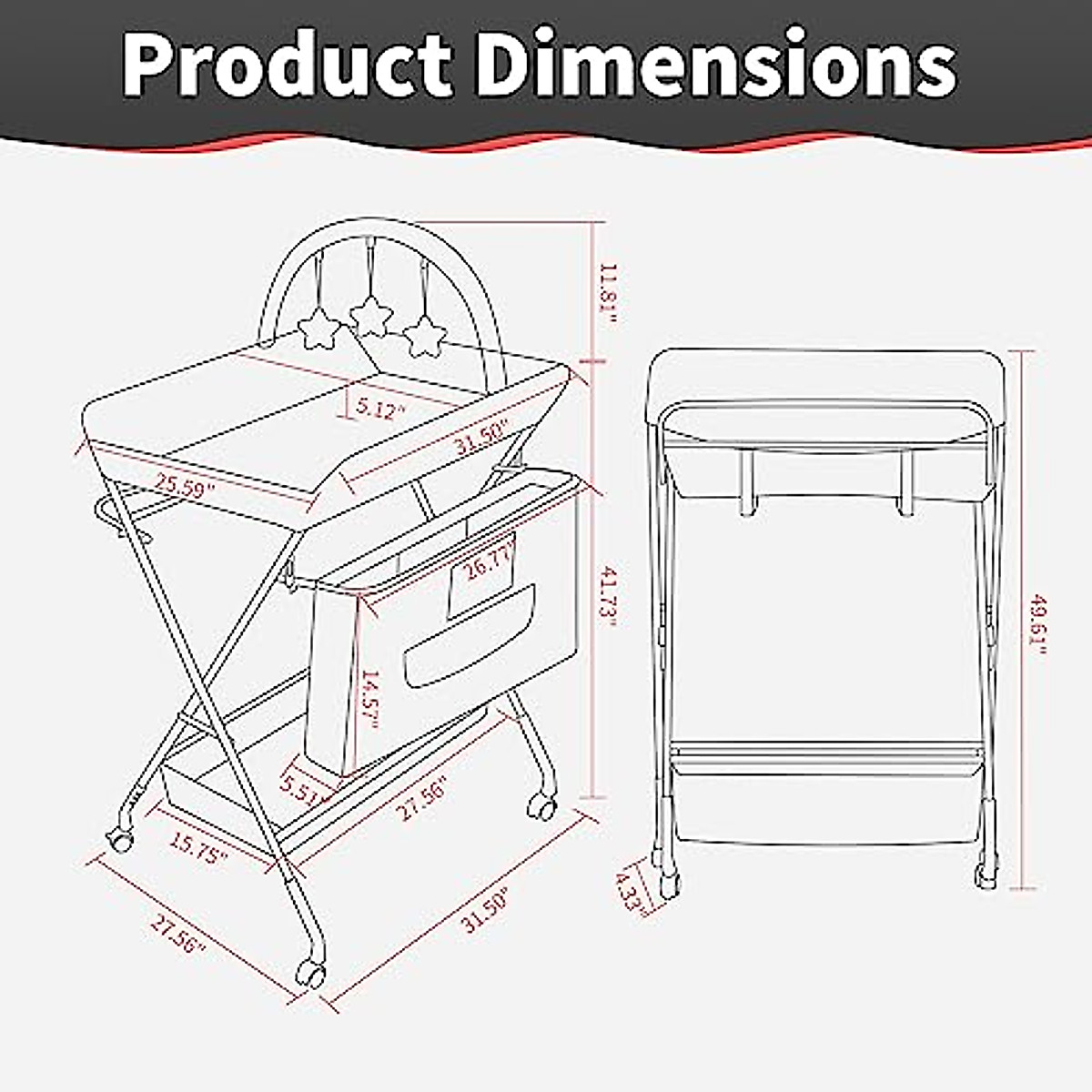 Portable Baby Changing Table - Waterproof Diaper Changing Table with Wheels, Adjustable Height Folding Diaper Station with Safety Belt, Large Storage Racks for Newborn Baby and Infant - Ocean, Black