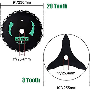 ACEBINTE 9" x 20T Chainsaw Tooth Brush Blades Kit, Cutter Trimmer Weed Eater Blade, Steel Grass Brush Cutter Blade, 2 Blades, with Adapter for Cutter, Trimmer, Weed Eater Chainsaw Tooth…