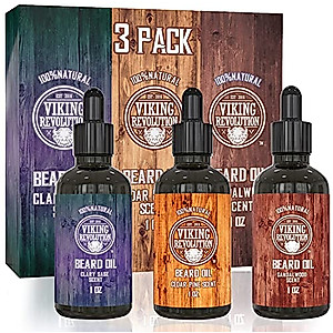 Viking Revolution Beard Oil Conditioner 3 Pack - All Natural Variety Set - Sandalwood, Pine & Cedar, Clary Sage Conditioning and Moisturizing for a Healthy Beard