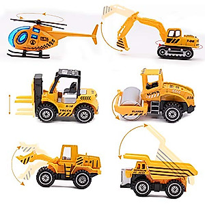 Childom Engineering Vehicle Toys Set Alloy Construction Big Forklift,Single Drum Roller,Stacker/Crane,Helicopter,Excavator,Heavy Duty Truck Mini Toy Set for Kids Boys Girl