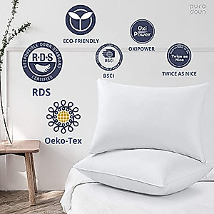 puredown Goose Down Feather White Pillow Inserts, 100% Cotton Fabric Cover Bed Pillows, Set of 2 Standard Size