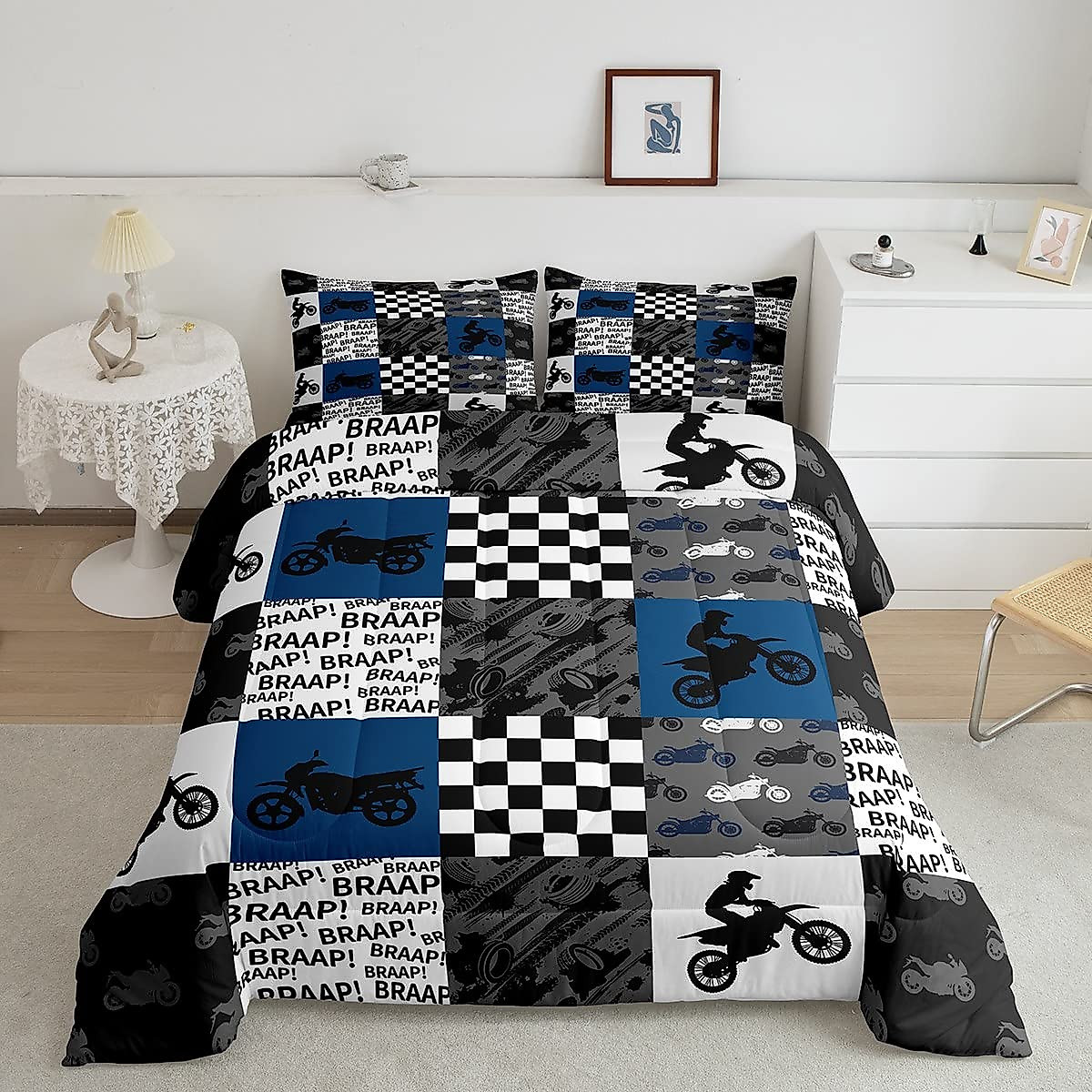 Castle Fairy,Dirt Bike Comforter Set Twin Size Black Grey Blue Motocross Rider Bedding Set Kids Boys Teens Men Racing Themed Patchwork Grid Quilt Set Fashion Motorcycle Silhouette Duvet Insert 2pcs