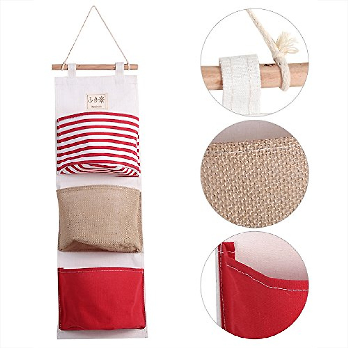 Hztyyier 3 Pockets Linen Storage Bag Hanging Door Closet Organizer Decoration for Room(Red)