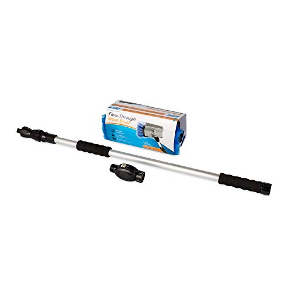 Camco RV Flow-Through Wash Brush | Features an Adjustable Handle, a Standard Garden Hose Connection, and an On/Off Button to Control Water Flow (43633)