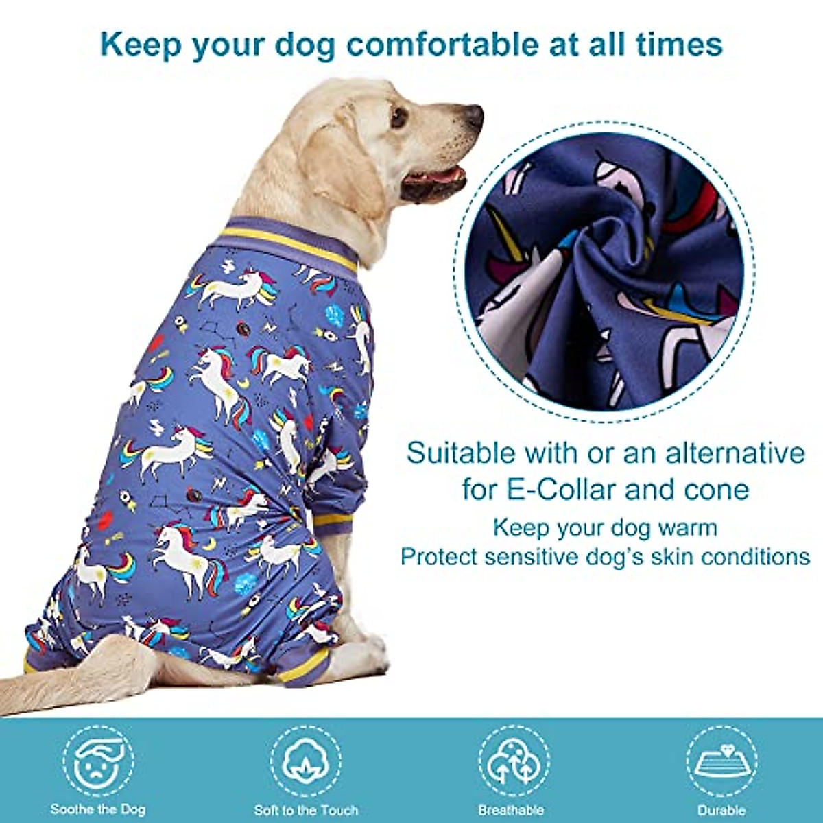 LovinPet Large Breed Dog Onesie Clothes, Slim Fit/Stretchy Knit, Unicorn Rocket Grey Print, Pet Anxiety Relief,Wound Care/Post Surgery Large Dog Shirt,UV Protection,Large Breed Dog Jammies PJ's/Large