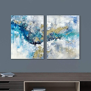 TAR TAR STUDIO Abstract Canvas Artwork Wall Art: White and Blue Painting Hand Painted Picture for Bedroom (18''W x 24''H x 2 PCS)