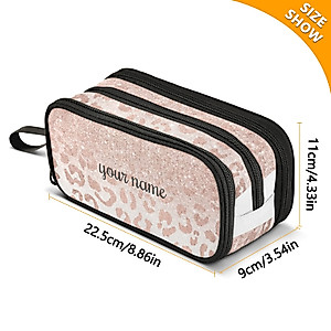 Personalized Modern Rose Gold Glitter Leopard pattern Prints Pencil Case Big Capacity Custom name Pencil Bag Makeup Pen Pouch Durable Students Stationery