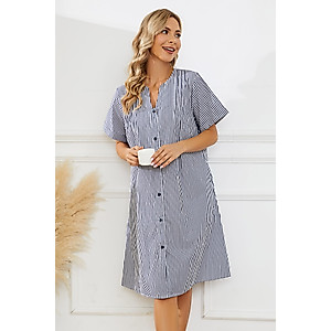 YOZLY House Dress Women Cotton Duster Robe Short Sleeve Housecoat Button Down Nightgown Navy Blue XX-Large