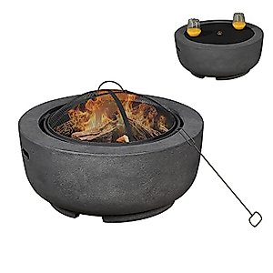 HOOOWOOO 24" Small Round Outdoor Fire Pits,Patio Concrete Wood Burning FirePit Bowl,Faux Stone Clay Firepits Table for Outside,Gray
