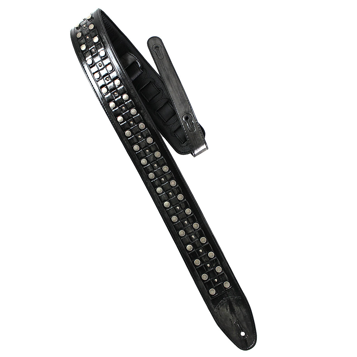 Walker & Williams DLX-215 Antiqued Black Finish Padded Guitar Strap with Metal Studs For Acoustic, Electric, And Bass Guitars
