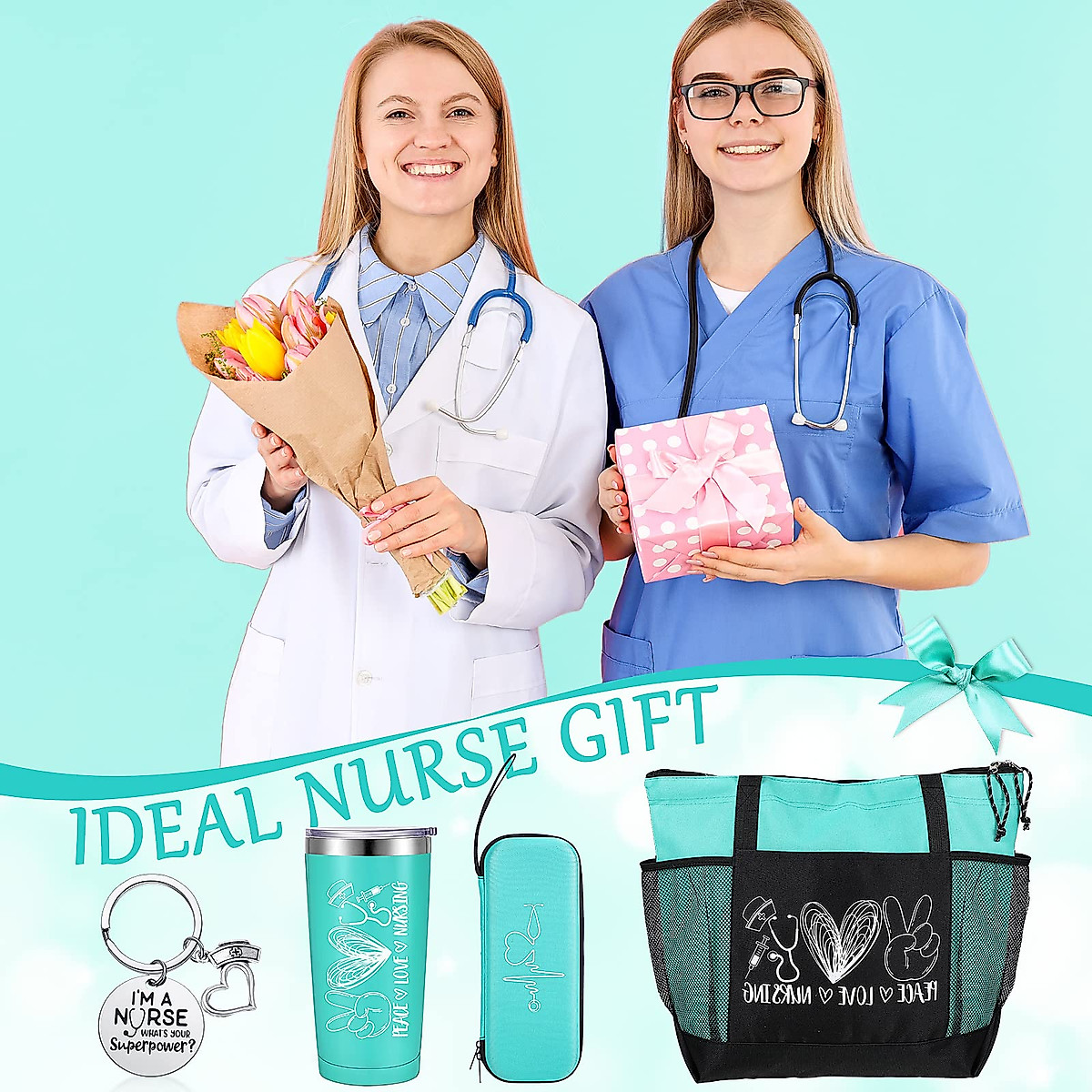 Coume 4 Pcs Nurse Gift for Women Peace Love Nursing Appreciation Gift Set Include Zippered Nurse Tote Bag Stethoscope Case Wine Tumbler Keychain for Nurse Graduation Rn Gift Nursing Bags (Turquoise)