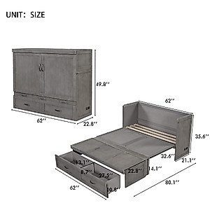 Ball & Cast Queen Size Murphy Bed with Storage Drawers, Murphy Cabinet Bed with USB Ports and Metal Handles,Wooden Platform Bedframe can be Foldabled, Space Saving, Antique Grey