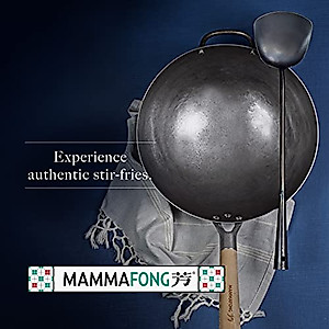 Mammafong Traditional Hand Hammered Round Bottom Carbon Steel Pow Wok Set with Wok Spatula and Bamboo Brush (14 inch wok set with wok accessories)