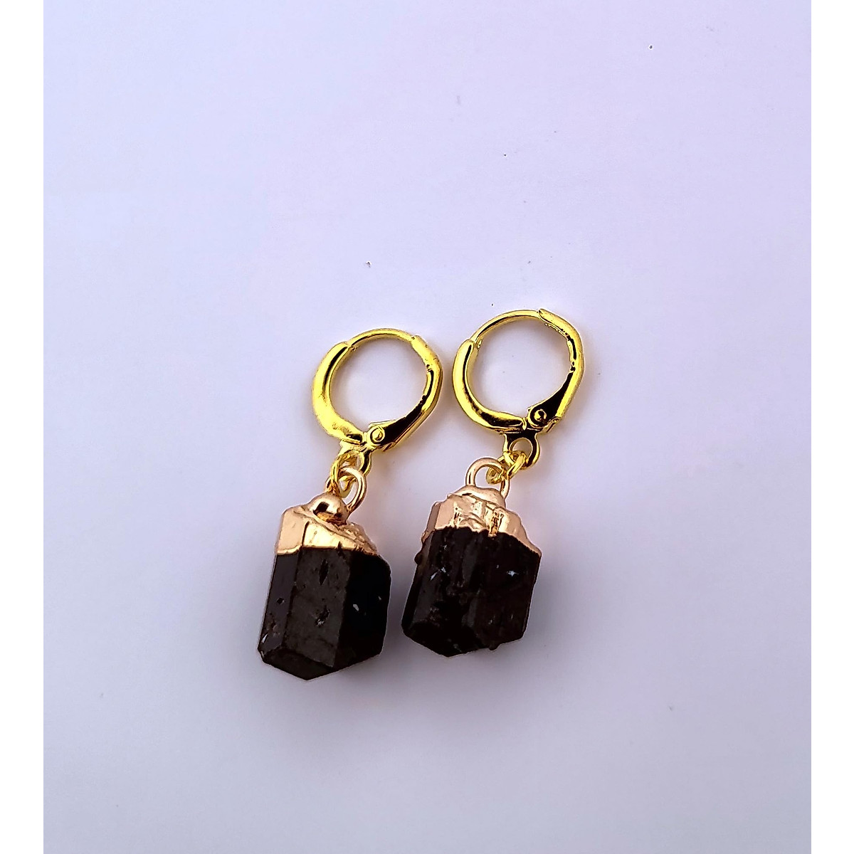 Natural Black Tourmaline Gold Dangle Earrings NBTGDE2