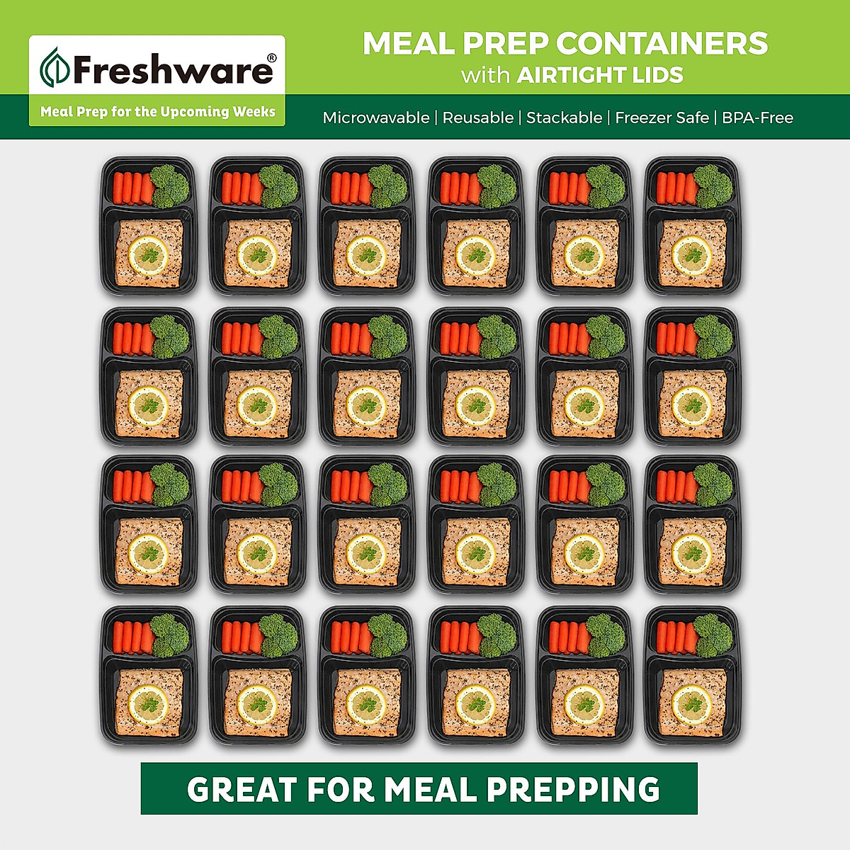 Freshware Meal Prep Containers [15 Pack] 2 Compartment with Lids, Food Storage Containers, Bento Box, BPA Free, Stackable, Microwave/Dishwasher/Freezer Safe (32 oz)