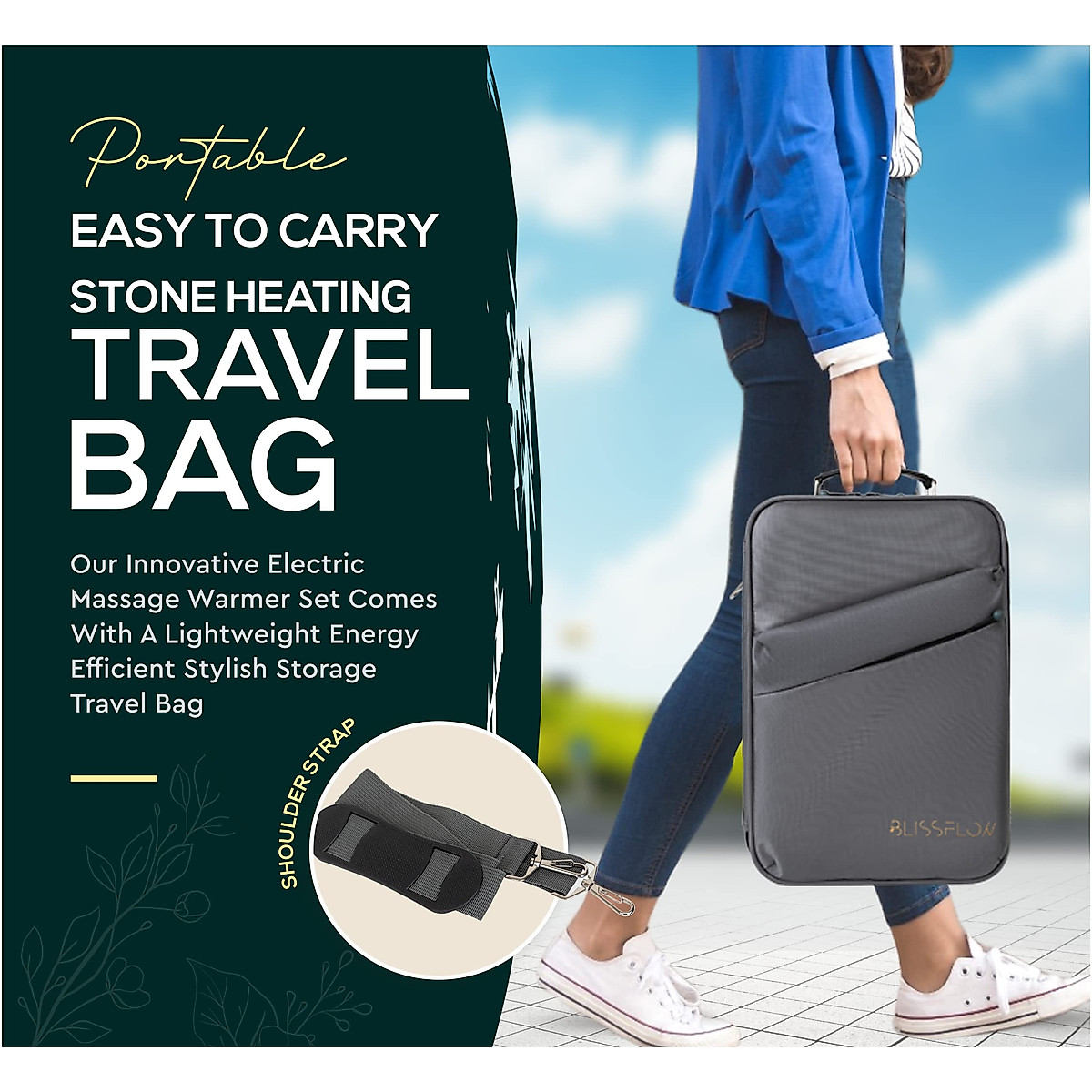 BlissFlow Massage Stone Warmer Set - Portable Heater Travel Carrying Bag - 12 Basalt Massage Heating Stones - Electric & Digital Control Stone Warmer