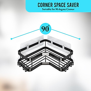 Modern Corner Caddy Stainless Steel Shelf for Shower, Adhesive Backing, 𝟵𝟬 𝗗egree Corner Shower Organizer Set with Soap Holder & Adjustable Hooks, Storage Shelves for Clutter-Free Washroom- Black