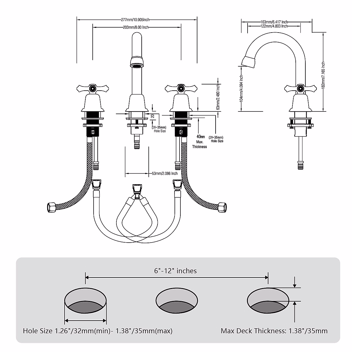 RKF Bathroom Faucets for Sink 3 Hole Matt Black 8 inch Widespread Bathroom Sink Faucet with Drain 2 Handles Cross Knobs Faucet Bathroom Vanity Faucet Basin Mixer Tap Faucet with Hose & Deck CWF039-MB
