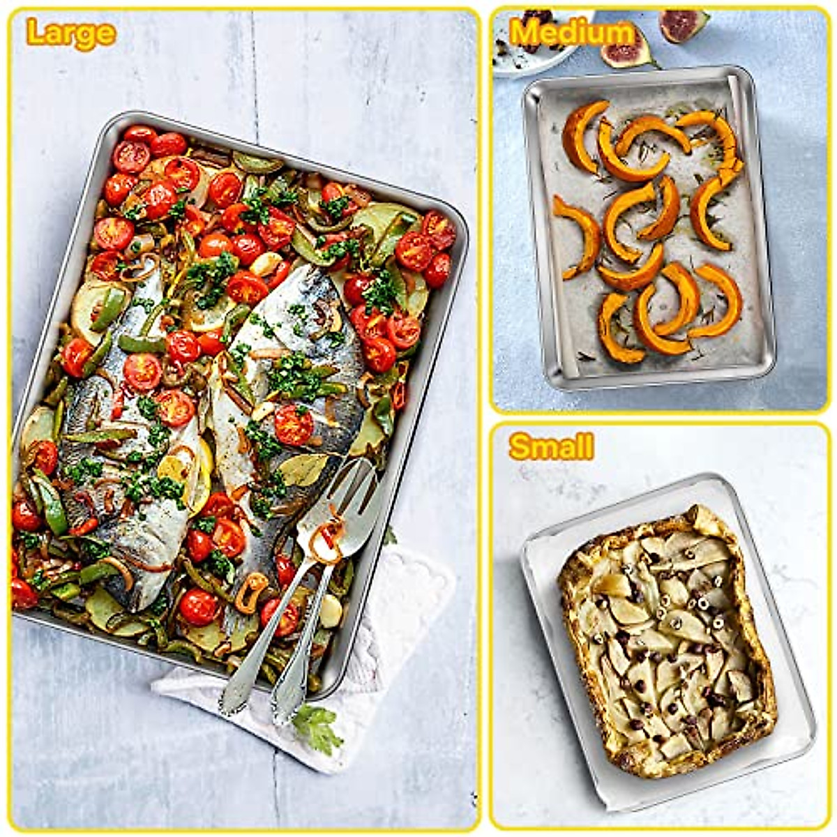 E-far Baking Cookie Sheet Pan Set of 3, 16/12.4/10.4 Inch, Stainless Steel Baking Pans Set for Oven, Rectangle Baking Tray for Cooking Roasting, Non Toxic & Easy Clean, Dishwasher Safe