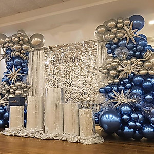 Blue Silver Balloons Set, 12 Inch Blue and Silver Balloons Dark Blue Party Balloons Metallic Blue Silver Latex Balloons Baby Blue Confetti Balloon for Birthday Graduations Baby Shower