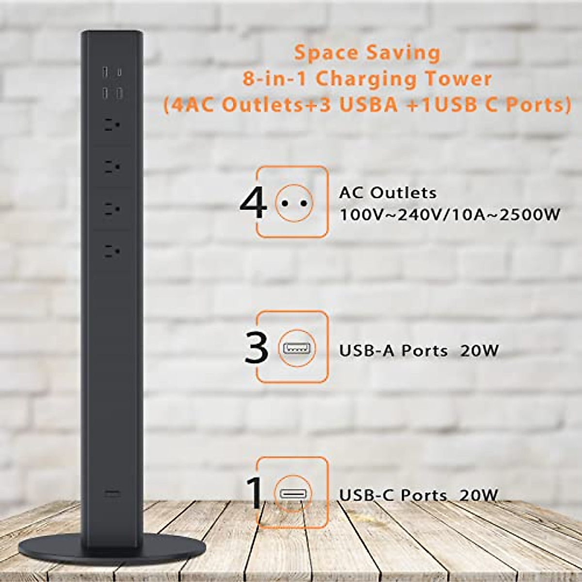 Tower Power Strip with 4 Outlets 3 USB A 1USB C Ports, 6.56ft Long Extension Cord Outlets Charging Tower, Power Strip with USB Ports Have Overload Protection Fire Proof for Libraries, cafes.