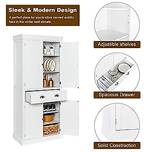 VINGLI 72In Freestanding Kitchen Pantry Cabinet with Doors and Shelves and Drawer, Pantry Cupboard, Tall Wooden Storage Cabinet with Shelves, Assembly Required, White