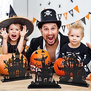 3Pcs Halloween Wooden Tabletop Centerpiece Decorations,Wooden Double-Sided Printing Silhouette Sketch Ghost House Decoration Ornaments,Halloween Desk Tiered Tray Decor for Indoor Home Kitchen Party