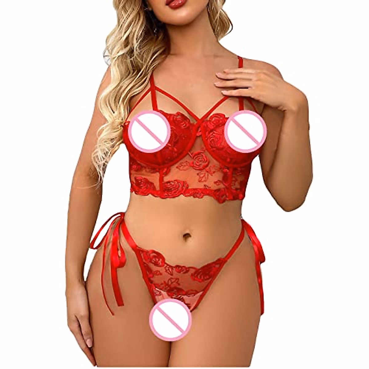 Lingerie for Women Sexy Naughty, Outfit Boudoir Outfits Lengerie Bodysuit Ladies Solid Color Lace Sling Bra Lace-Up Panties Two-Piece Split Suit with Steel Ring Stockings (S, Red)