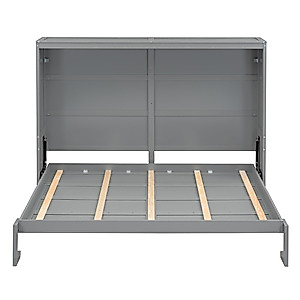 P PURLOVE Queen Murphy Bed Cabinet Wall Bed,Multifunctional Queen Size Murphy Bed Frame can be Folded into a Cabinet,Solid Wood Foldable Storage Cabinet Bed for Small Places,Gray