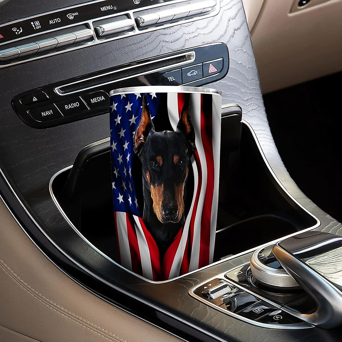 WmhrYpzhL Doberman Dog Travel Mug American Flag Coffee Mug Stainless Steel Insulated Tumbler For Ice Drinks＆Hot Beverage Gifts Doberman Dog