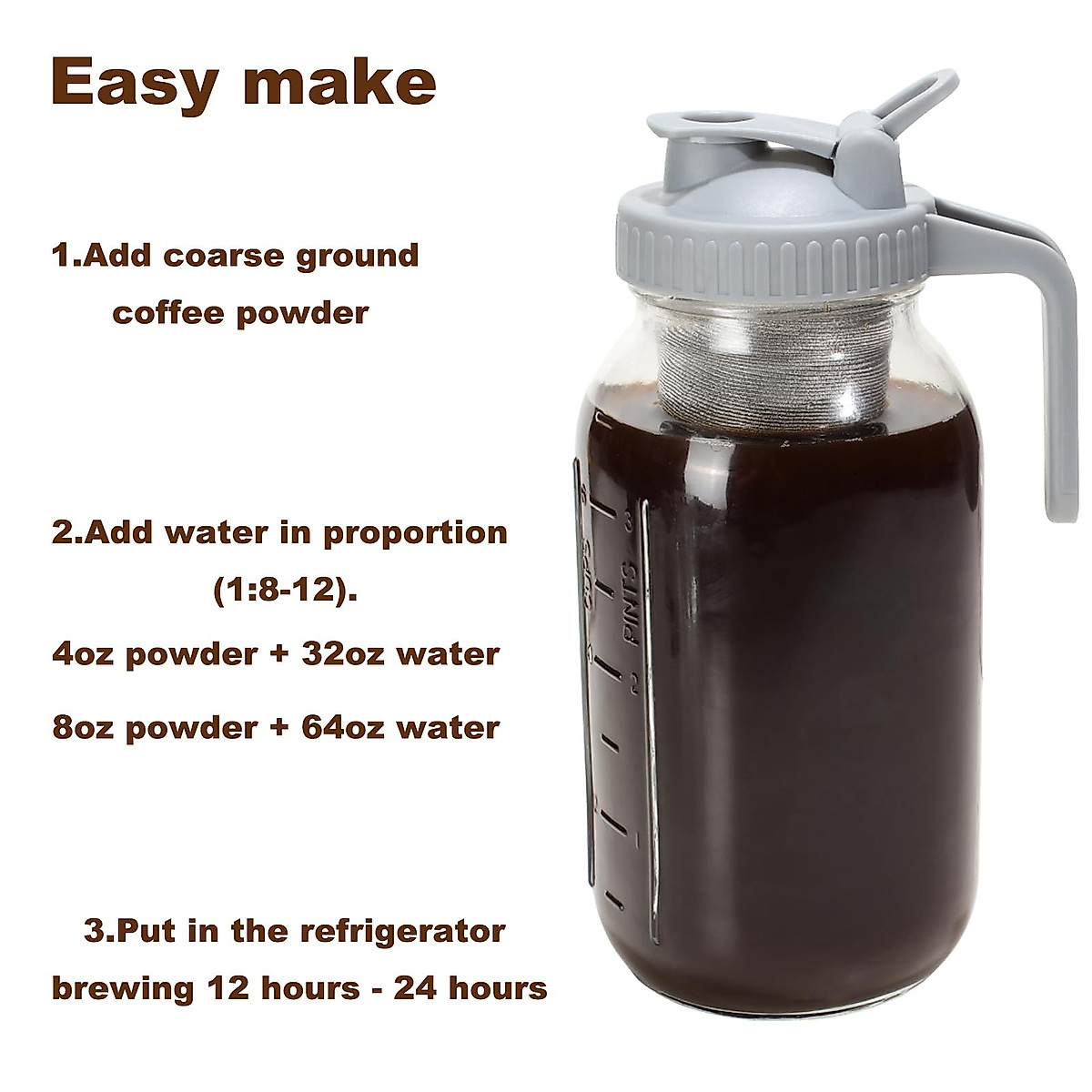 Cold Brew Coffee Filter for 64 OZ Wide Mouth Mason Jar, 304 Stainless Steel Strainer with Seal Ring for Iced Drinks, Sun Tea Infuser and Cold Brew Coffee Maker