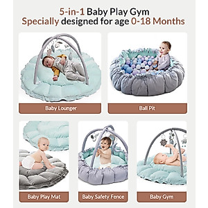 Baby Gyms & Playmats, 5 in 1 Thick & Plush Play Mat Activity Gym for Babies, 51” Baby Mat for Floor Tummy Time, Motor Skills & Sensory Development Mat With 5 Toys for Newborn Boy Girl 0 3 6 12 Months
