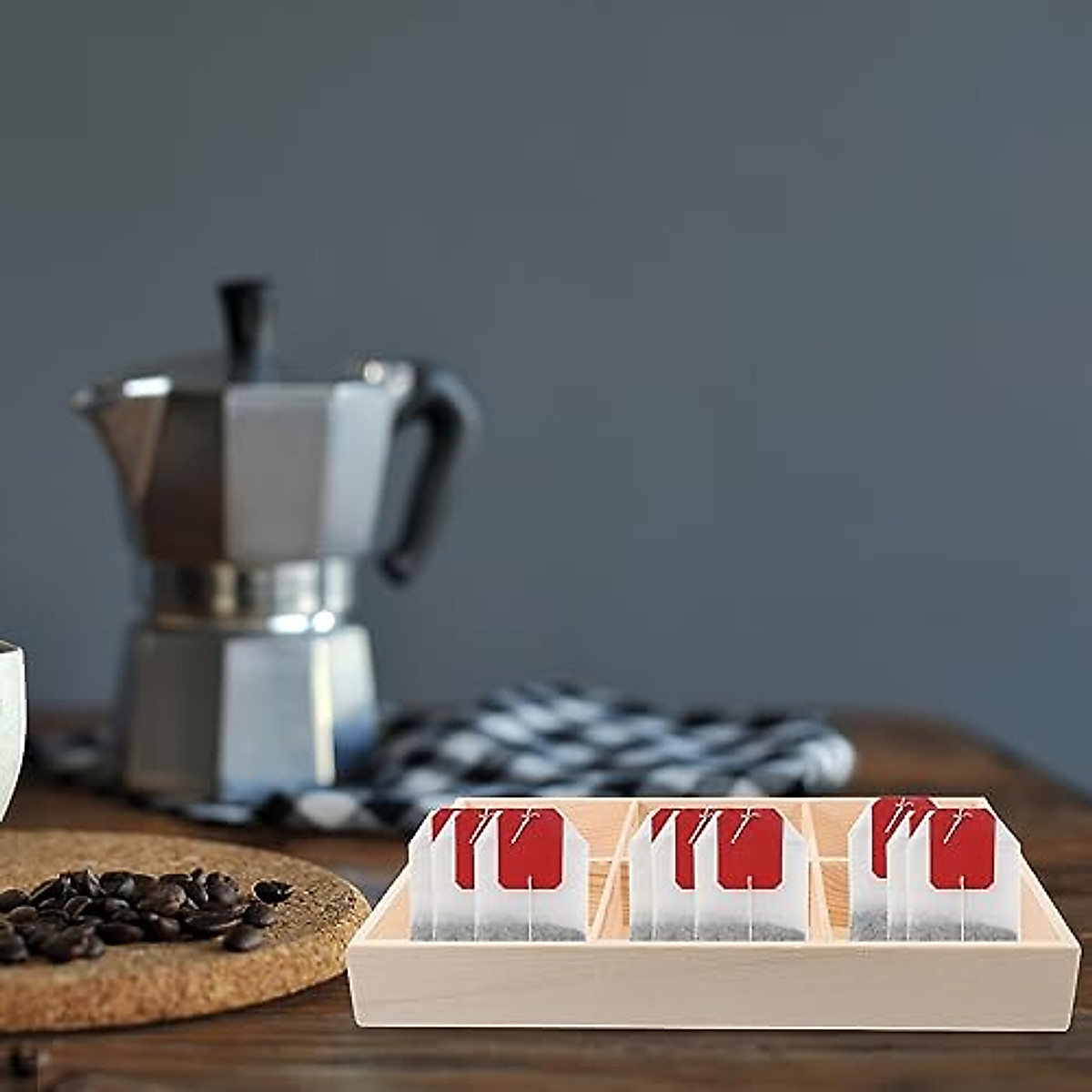 Tea Bag Holder Bamboo Tea & Food Storage Organizer Container Box 6 Compartment Tea Coffe Packet Box Wooden Sugar Bag Box for Tea Bags Coffee Snacks Sugar Sweeteners Small Packets