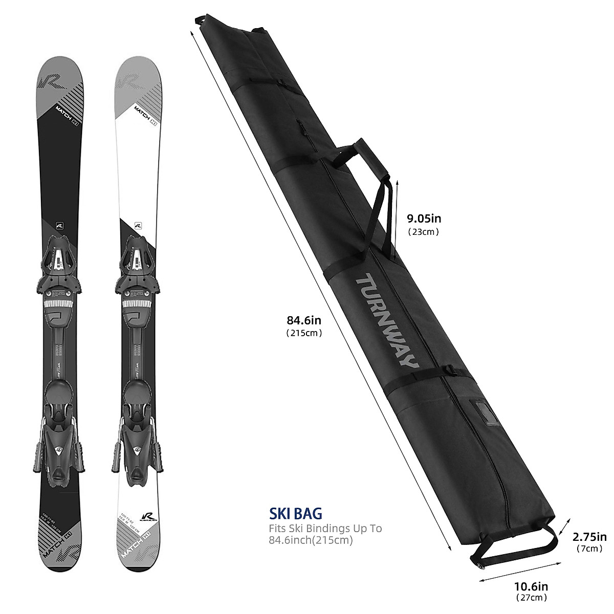 TurnWay Ski Bag | Store & Transport Skis Up to 215 cm, Poles & Extras | Waterproof - for Men, Women and Youth (Black)