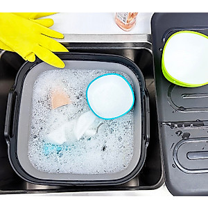 SAMMART 10L (2.64 Gallon) Collapsible Dishpan with Draining Plug - Foldable Washing Basin - Portable Dish Washing Tub - Space Saving Kitchen Storage Tray (Black/Alloy Grey)