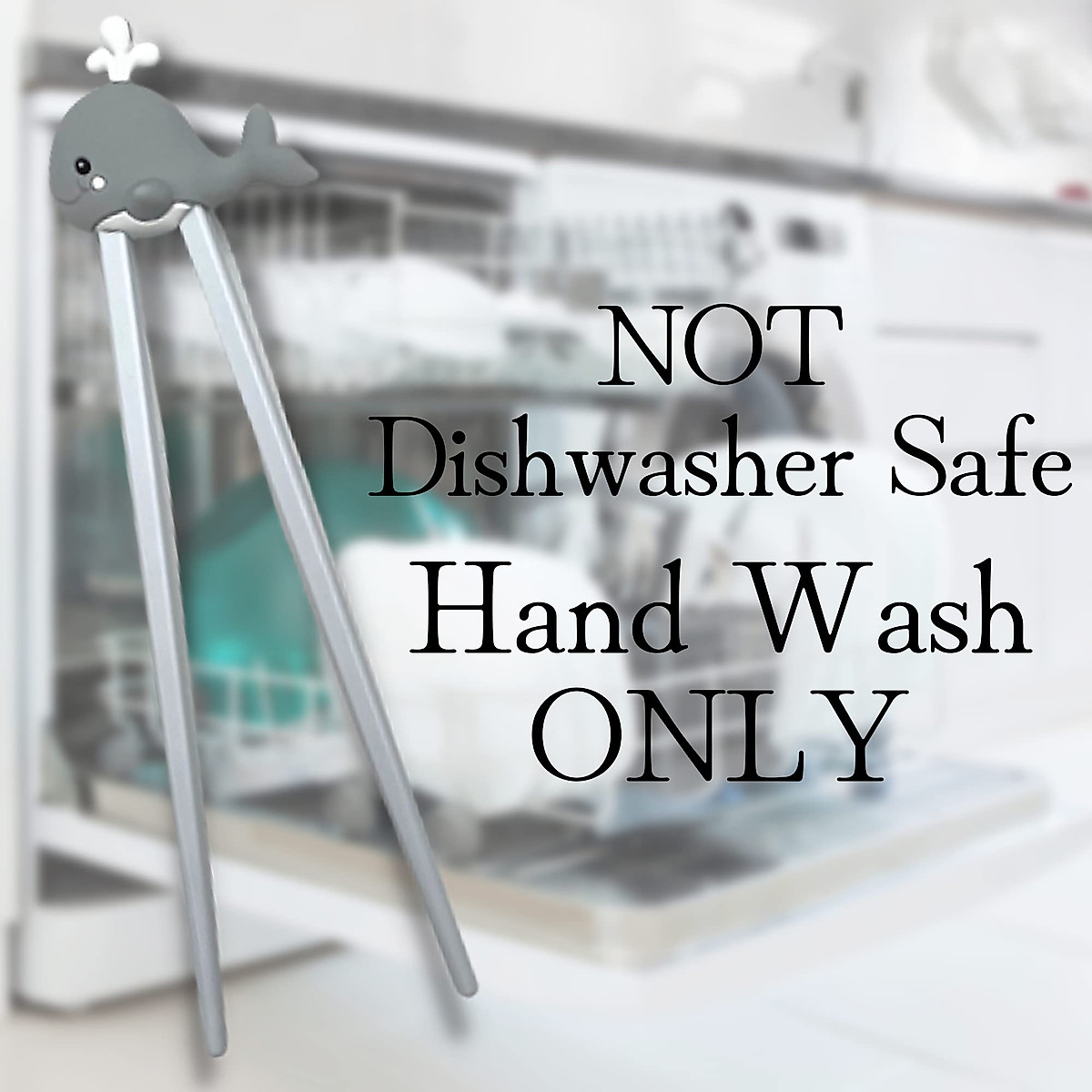 Reusable Training Chopsticks with Gray Whale Silicone Topper, Chopstick Trainer for Beginners, Authentic Chinese and Japanese Silverware, 8.5 Inches