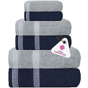 CASA COPENHAGEN Solitaire Mix 6 Pieces Towel Set- Navy Blue + Grey Violet, 600 GSM 2Bath Towel 2Hand Towel 2Washcloth, Designed in Denmark Made of Soft Egyptian Cotton for Bathroom, Kitchen & Shower