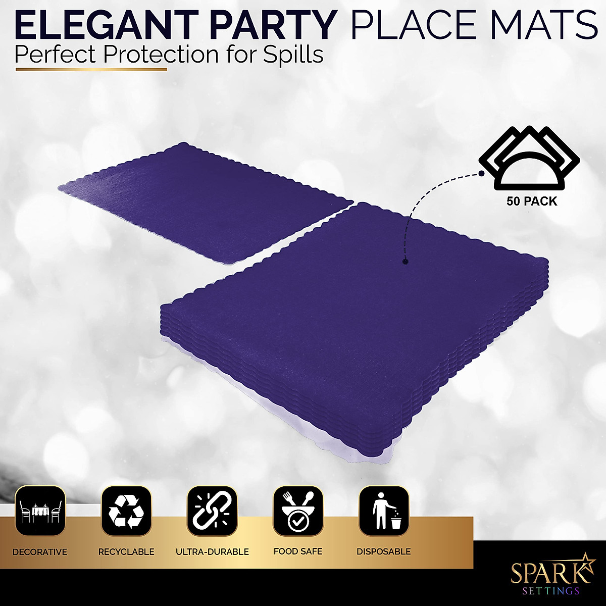Paper Placemat Disposable, Purple Place Mats with Scalloped Edges, Durable Paper Placemat for Holiday Wedding Party Supplies Decor, 9.75 X 14 Inches, Pack of 50 - by SparkSettings