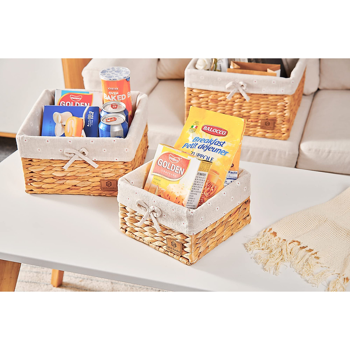 QH & Garden Hand-Woven Water Hyacinth Storage Baskets for Organizing,Decorative Square Wicker Basket with Detachable Liner,Natural Seagrass Woven Organizer Baskets for Shelves(set of 3)