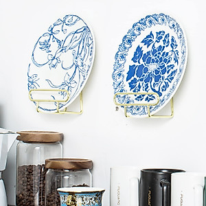 MyGift Wall Mounted Brass Tone Metal Wire Vertical Plate Holder, Decorative Hanging Collectible Plate Display Rack - Holds Single Plate Up To 8 Inches, Set of 2