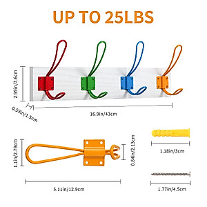 KYSMOTIC Kids Coat Hook Rack Wall Mounted for Boys and Girls for Hanging Coats, Scarves, Bags, Purses, Backpacks, Towels and More, Set of 4, Bright Multicolored (White, 17 inches)