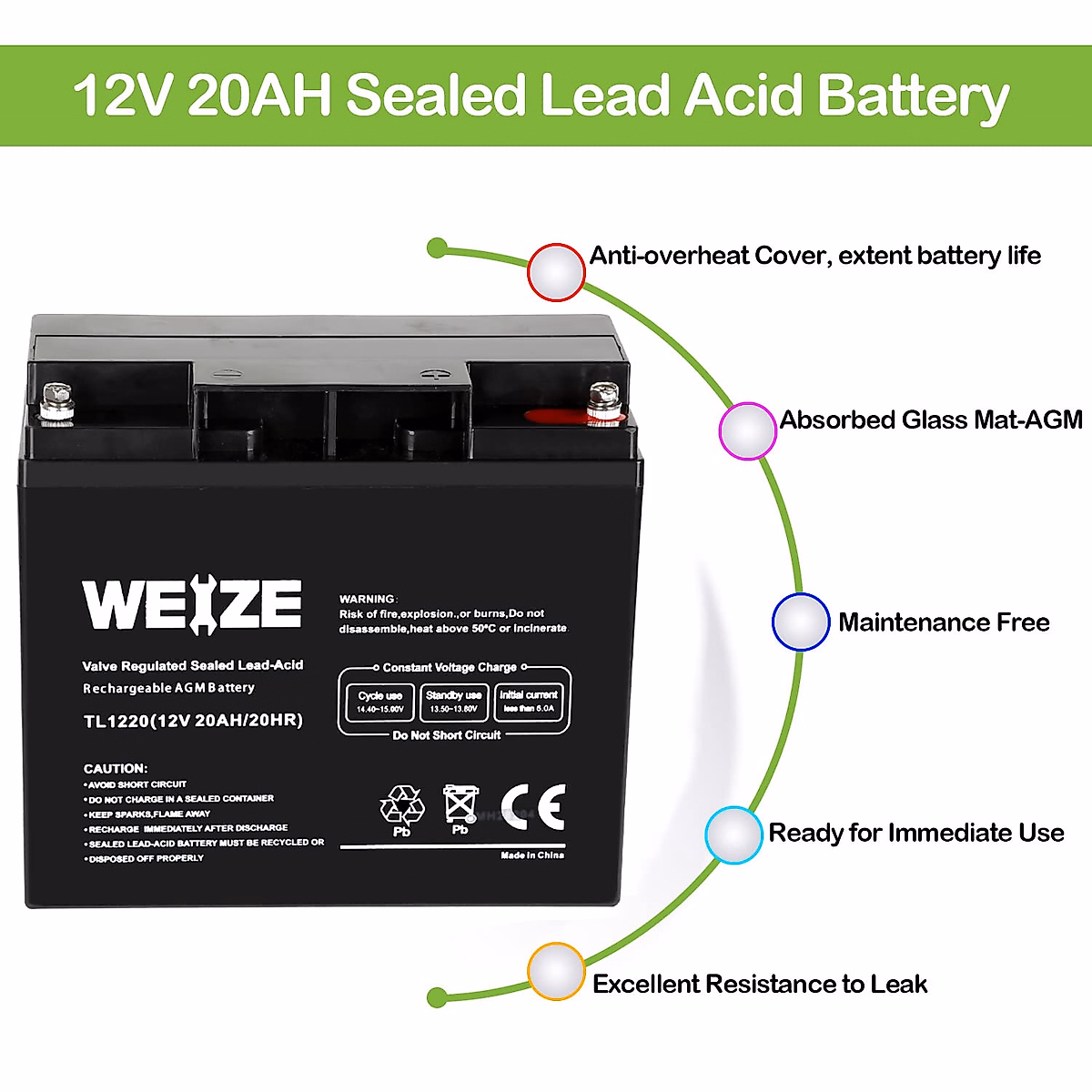 WEIZE 12V 20AH Lead Acid Battery Replace UB12200 FM12200 6fm20 EXP12200 12V 20AH 22AH Batteries