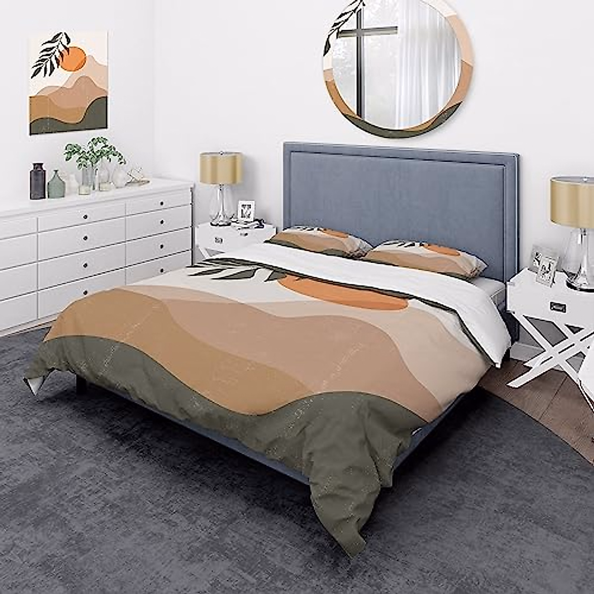 DESIGN ART Designart 'Abstract Red Moon in Earth Toned Mountains I' Modern Duvet Cover Comforter Set Full/Queen Cover + Comforter + 2 Shams 4 Piece