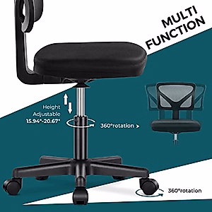 DUMOS Armless Desk Chairs with Wheels Cute Home Office Chair No Arms, Ergonomic Adjustable Swivel Rolling Task Chair, Comfy Mesh Mid Back Computer Work Vanity Chair for Small Spaces, Dark Black