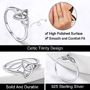 FOCALOOK 925 Sterling Silver Platinum Plated Celtic Triquetra Trinity Knot Simple Plain Stackable Band Ring Womens Promise Ring, Size 6